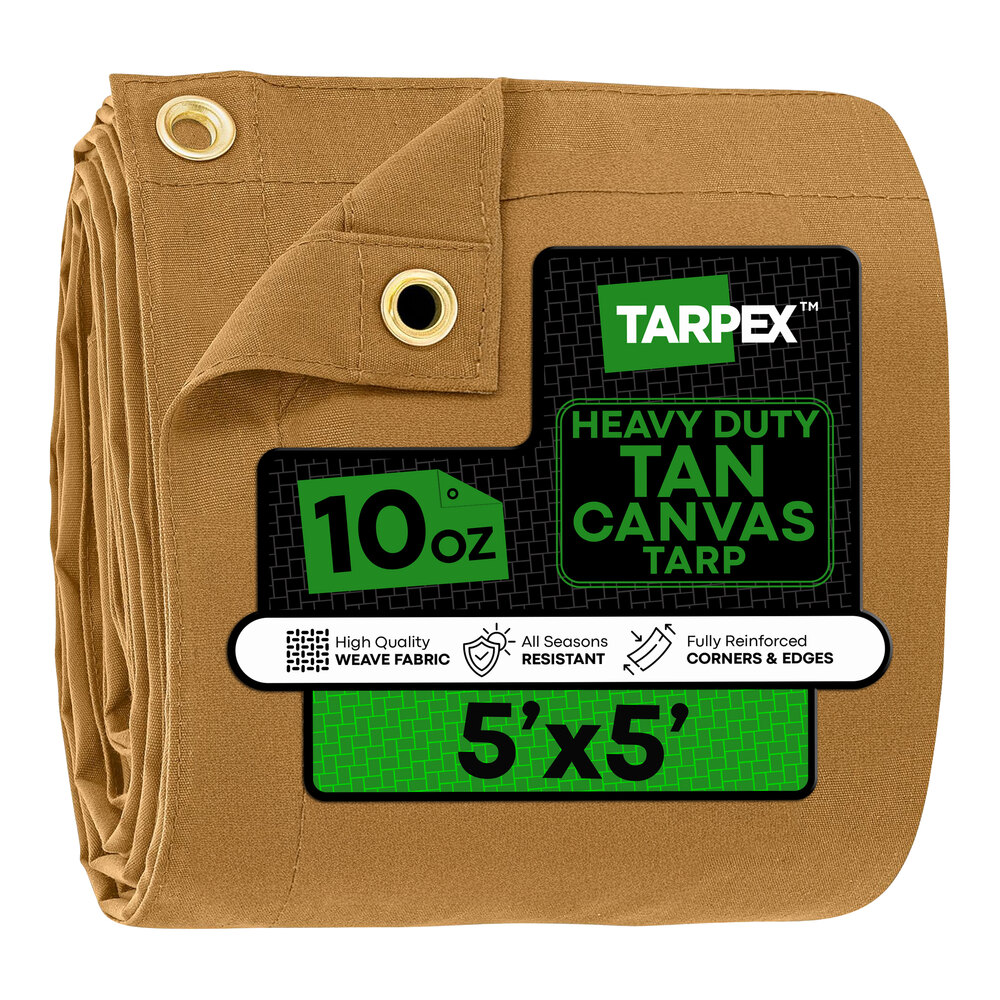 Tarpex 5' x 5' Tan Heavy-Duty Weatherproof 10 oz. Poly Canvas Tarp ...