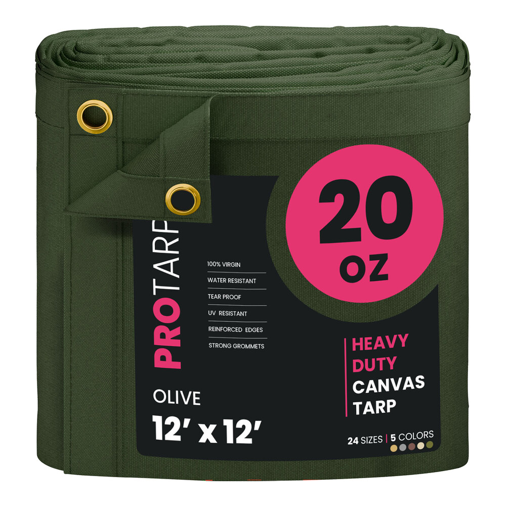 ProTarp 12' x 12' Olive Extreme Heavy-Duty 20 oz. Poly Canvas Tarp with ...