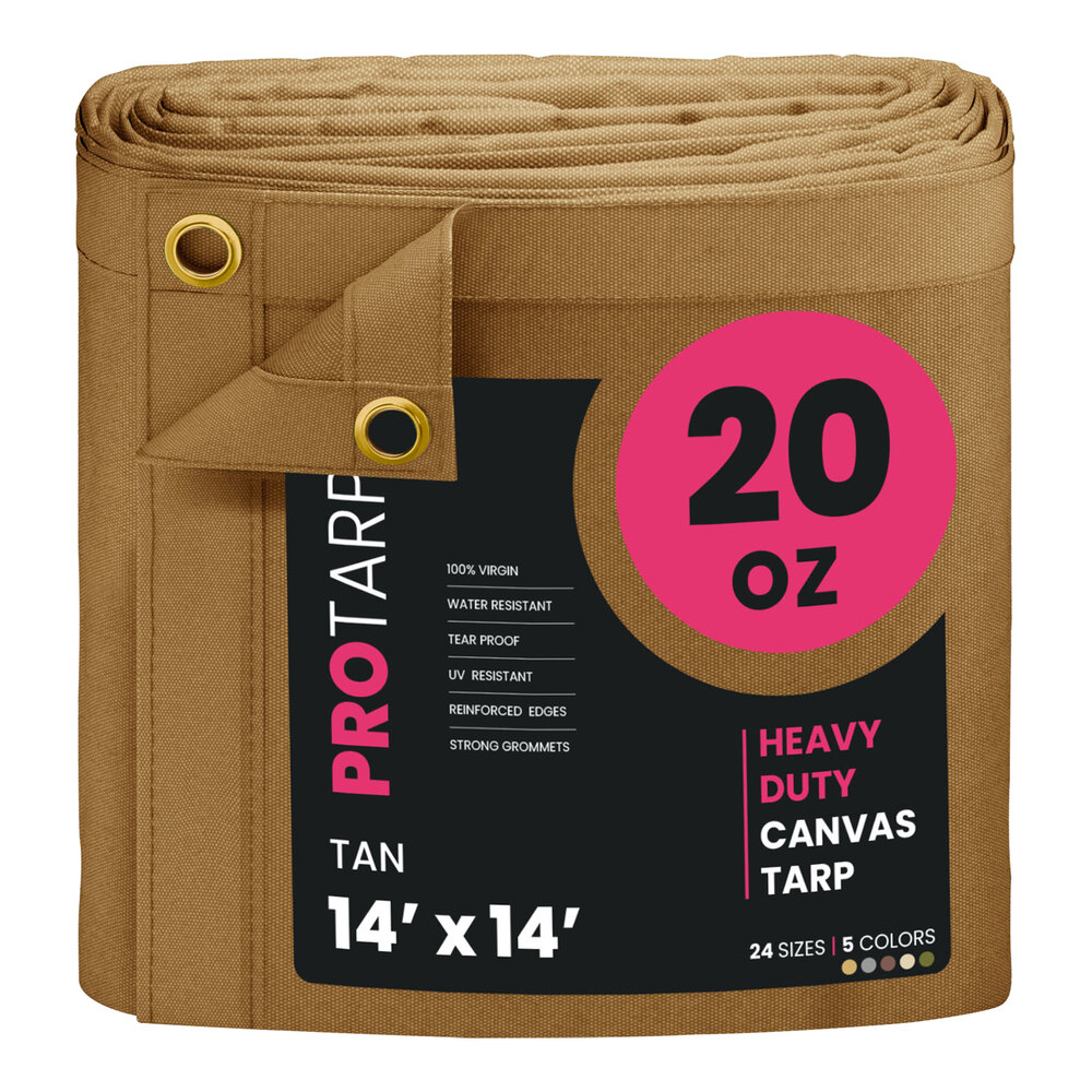 ProTarp 14' x 14' Tan Extreme Heavy-Duty 20 oz. Poly Canvas Tarp with ...