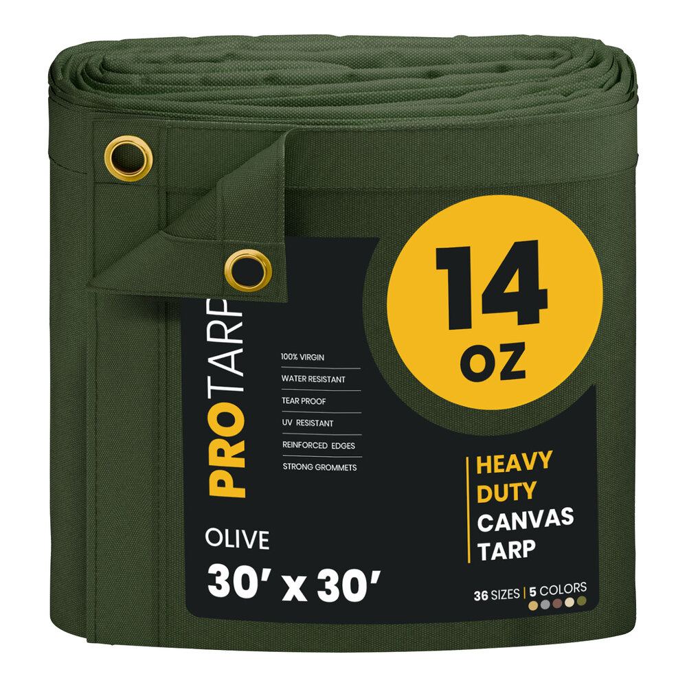ProTarp 30' x 30' Olive Heavy-Duty 14 oz. Poly Canvas Tarp with ...