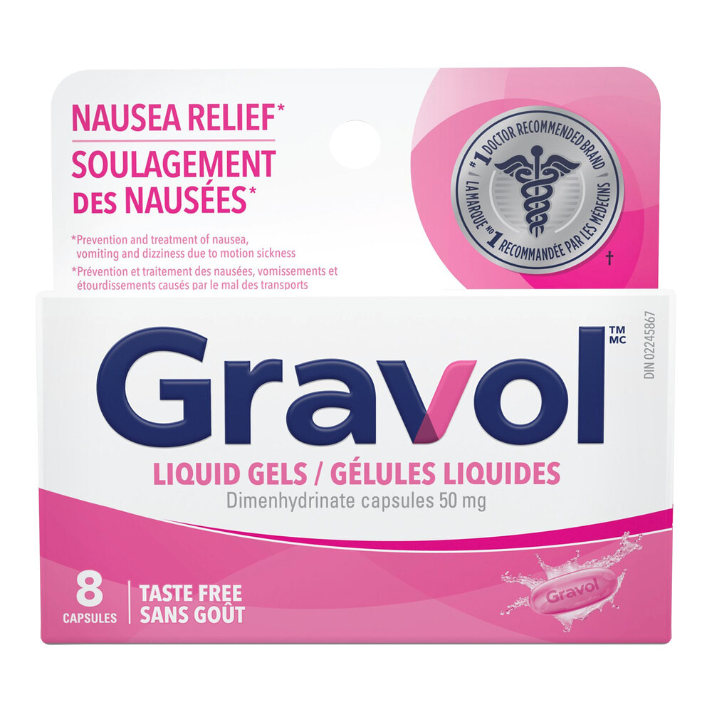 Gravol 8-Count Motion Sickness Relief Liquid Gel Capsules - 72/Case