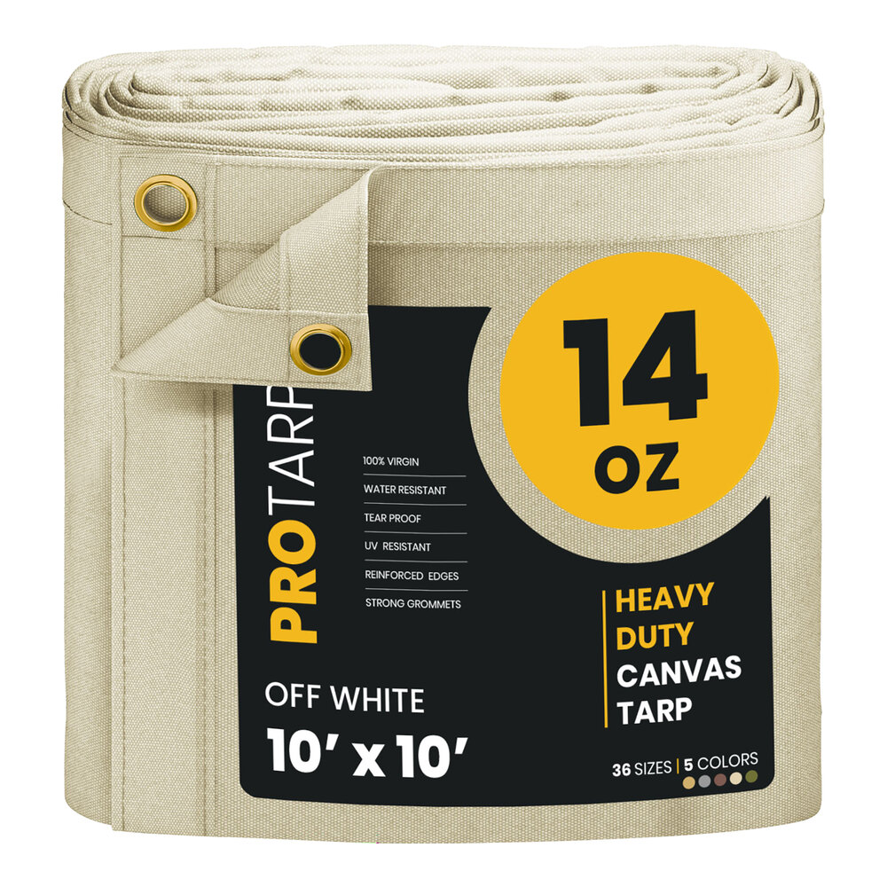 ProTarp 10' x 10' Off White Heavy-Duty 14 oz. Poly Canvas Tarp with ...