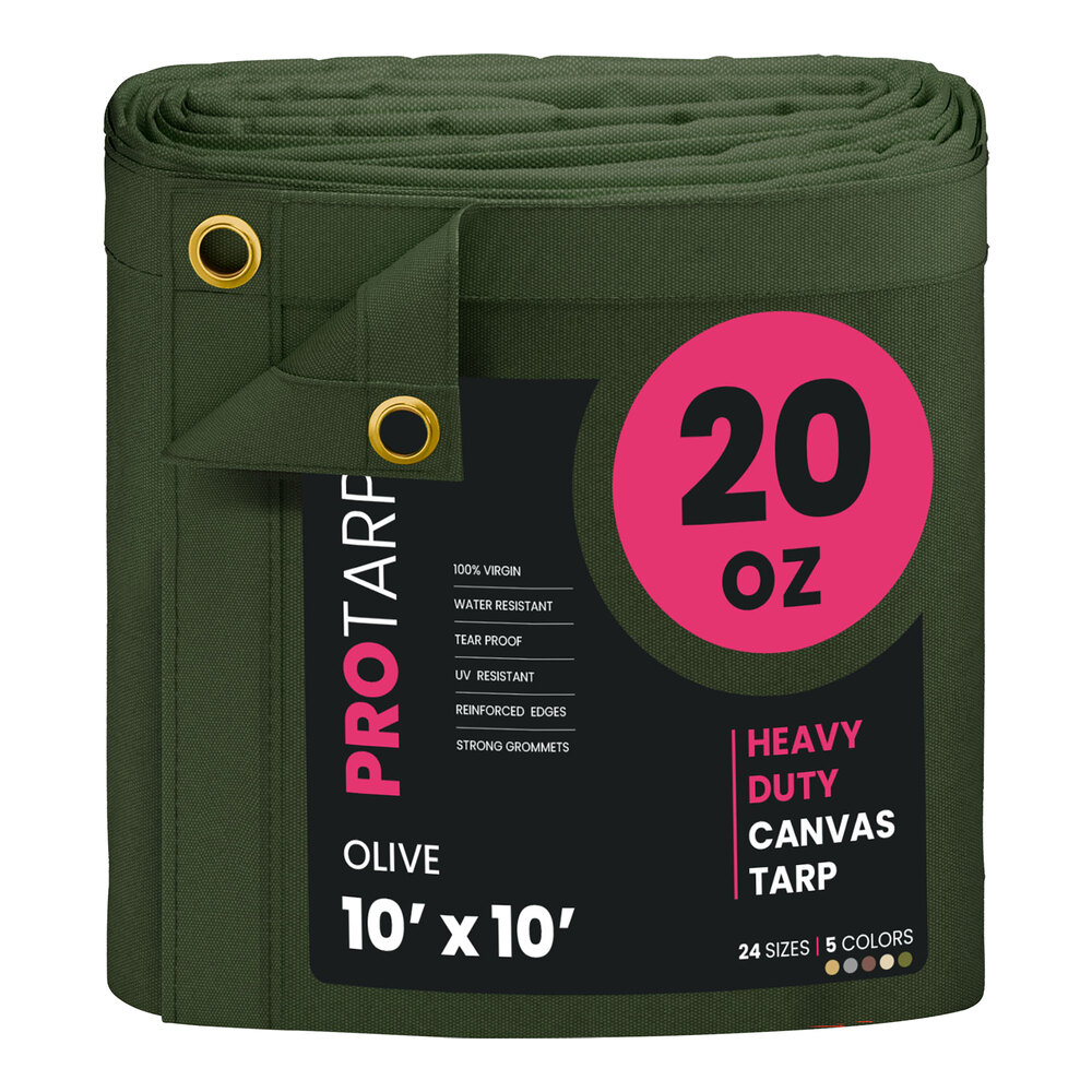 ProTarp 10' x 10' Olive Extreme Heavy-Duty 20 oz. Poly Canvas Tarp with ...