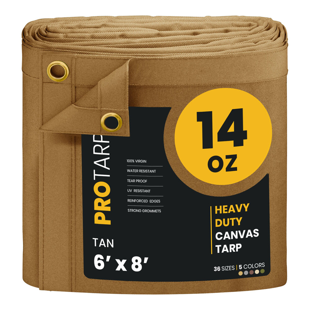 ProTarp 6' x 8' Tan Heavy-Duty 14 oz. Poly Canvas Tarp with Reinforced ...