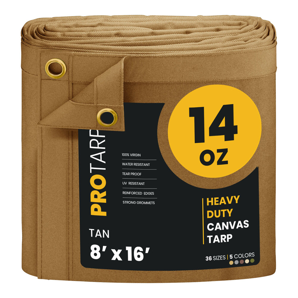ProTarp 8' x 16' Tan Heavy-Duty 14 oz. Poly Canvas Tarp with Reinforced ...