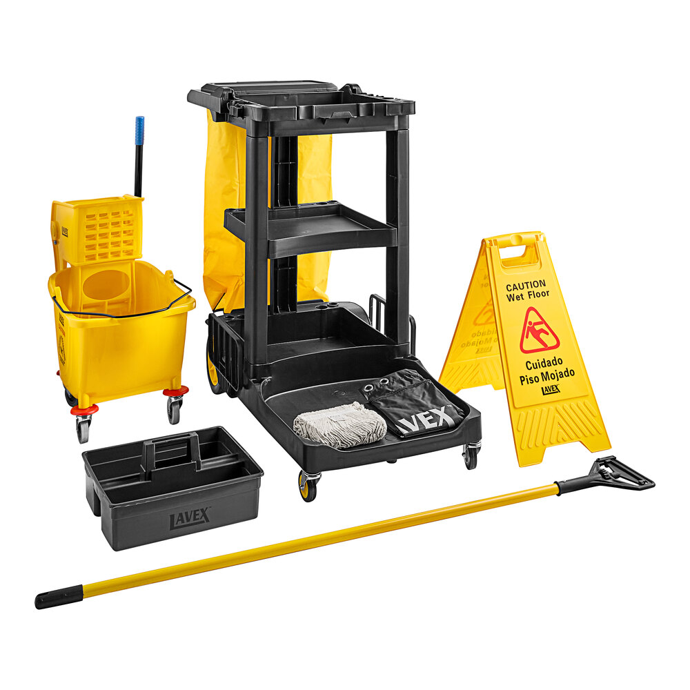 Lavex Premium Black 3-Shelf Janitor Cart Kit with Bags, Lid, Mop Bucket ...