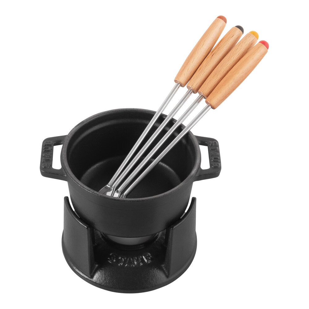 Staub 8 oz. Black Enameled Cast Iron Fondue Pot with 4 Forks, 1 Stand ...