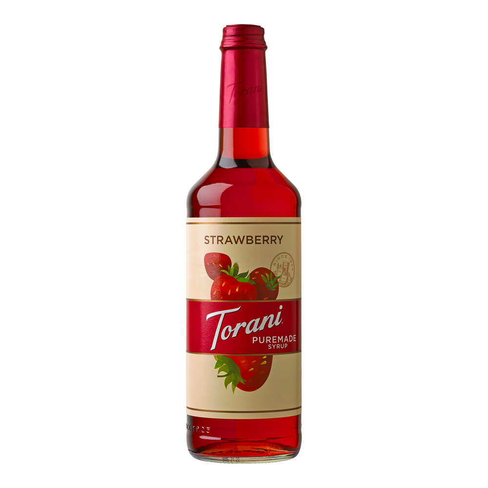 Torani Puremade Strawberry Flavoring Syrup 750 mL Glass Bottle - 4/Case