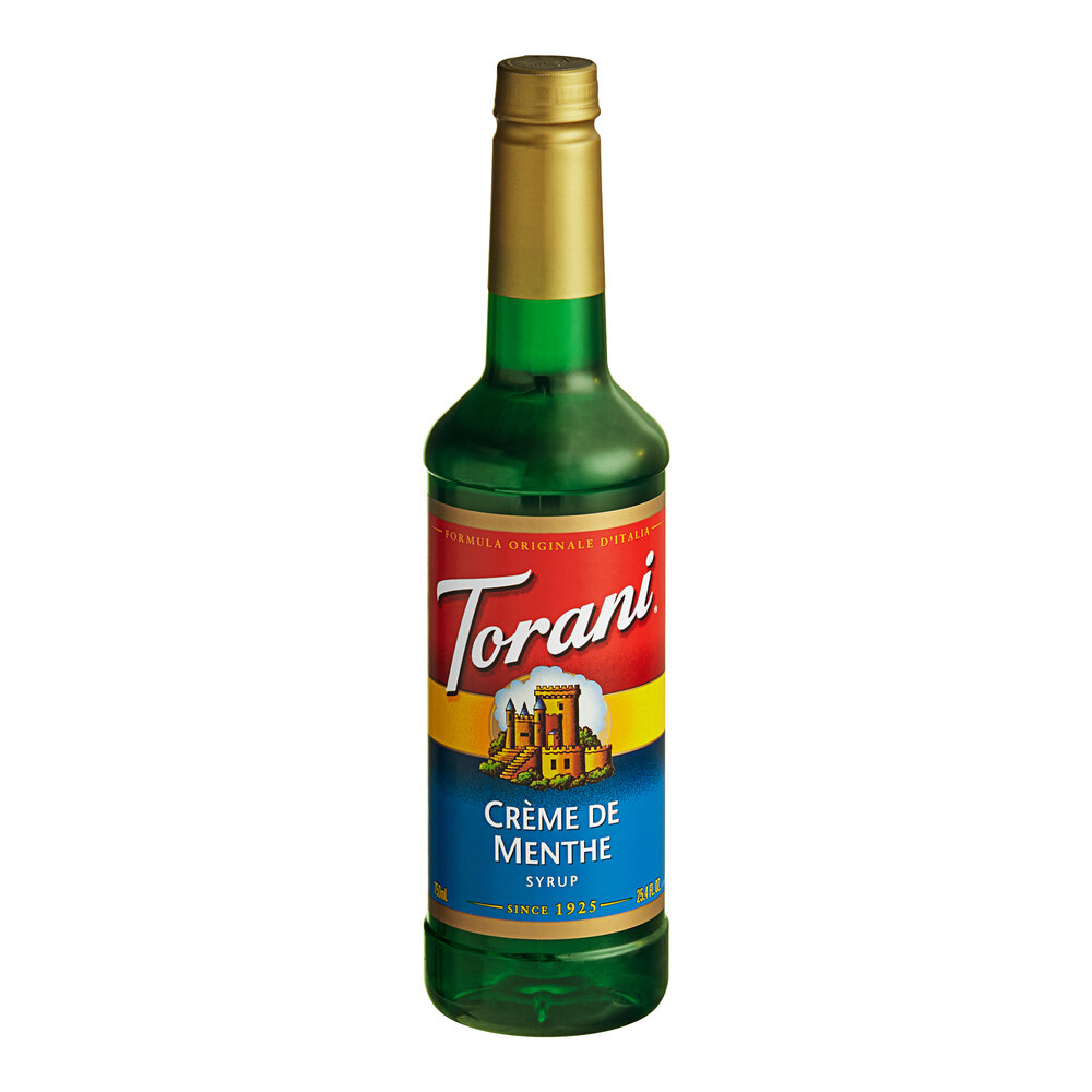 Torani Creme de Menthe Flavoring Syrup 750 mL Plastic Bottle - 4/Case
