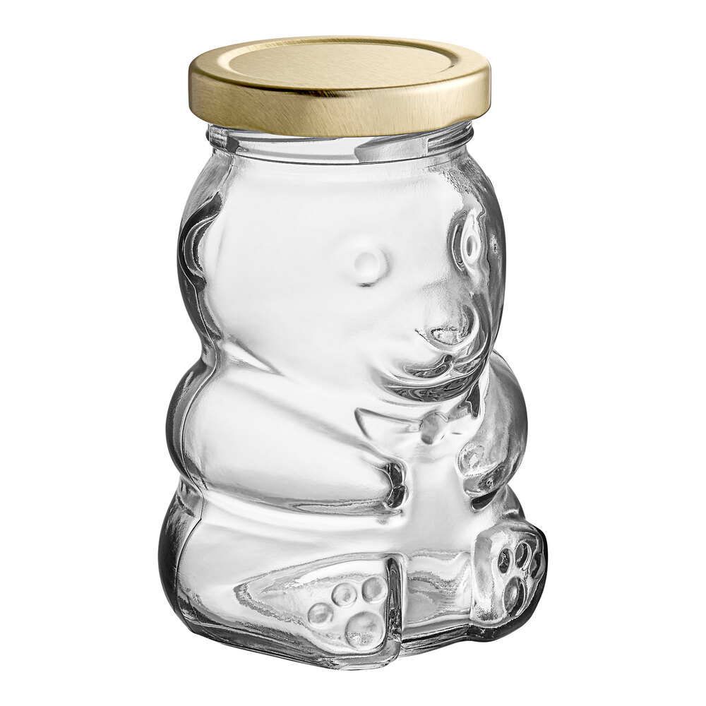 8 oz. (12 oz. Honey Weight) Glass Bear Jar with Plastisol-Lined Gold ...