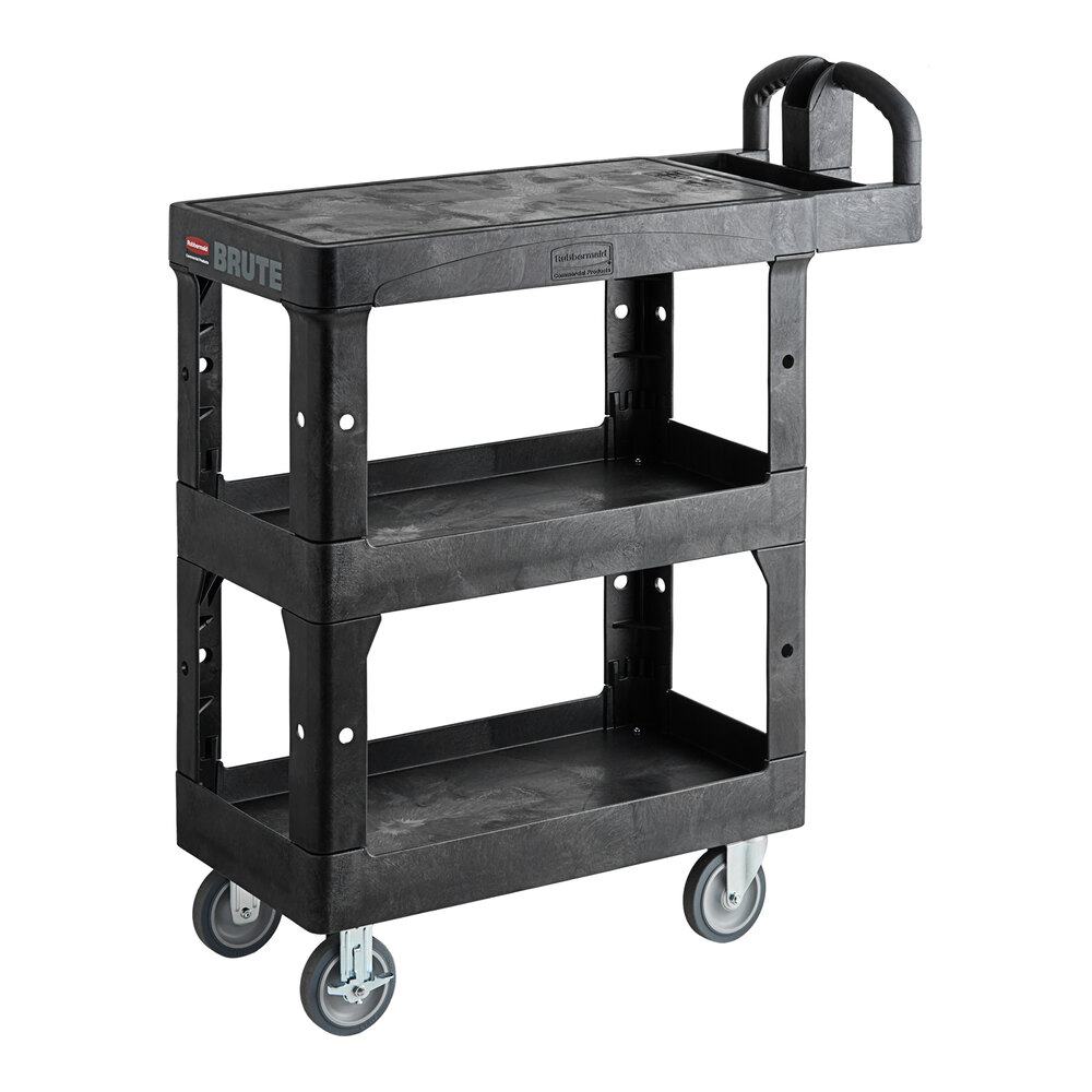 Rubbermaid® BRUTE Black Small Flat 3-Shelf Utility Cart with Ergonomic ...