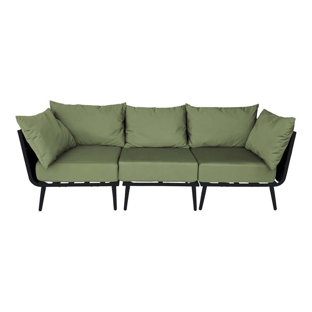 BFM Seating Cayman Black Outdoor Couch with Black Rope and Sunbrella Fern Cushions