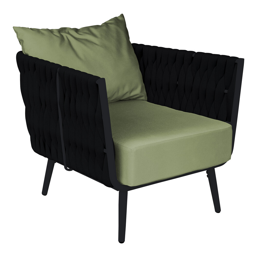 BFM Seating Cayman Black Outdoor Arm Chair with Black Rope and Sunbrella Fern Cushion