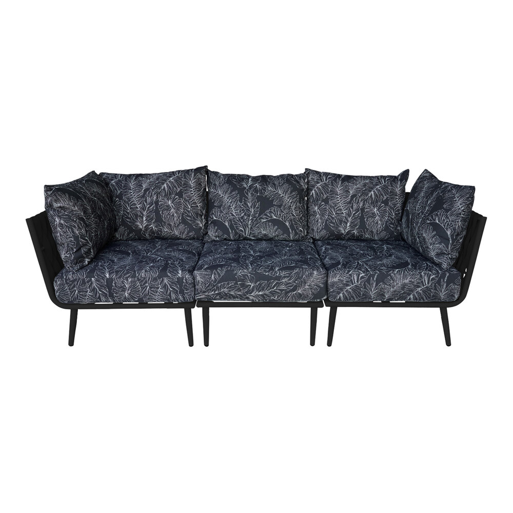 BFM Seating Cayman Black Outdoor Couch with Black Rope and Sunbrella Black Bahama Cushions