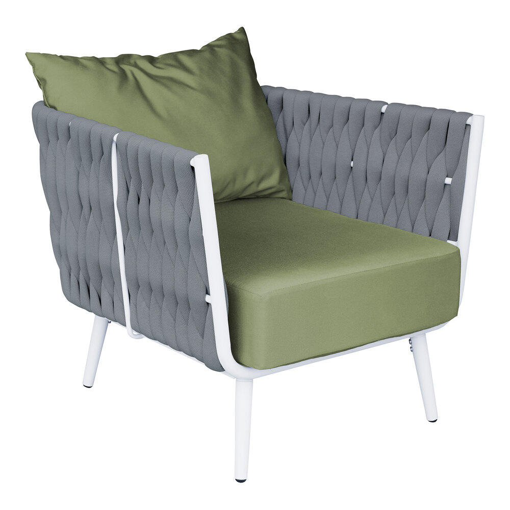 BFM Seating Cayman White Outdoor Arm Chair with Gray Rope and Sunbrella Fern Cushion
