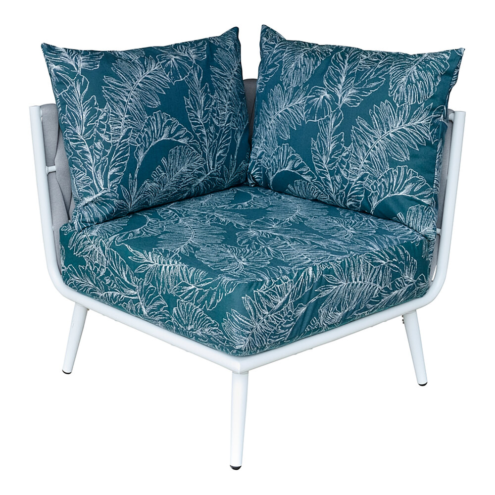 BFM Seating Cayman White Outdoor Couch Corner Section with Gray Rope and Sunbrella Blue Palma ...