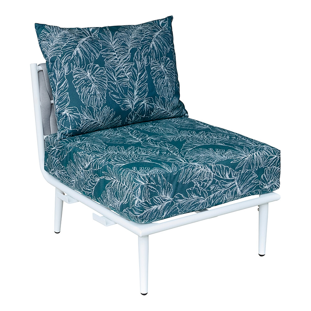 BFM Seating Cayman White Outdoor Couch Middle Section with Gray Rope and Sunbrella Blue Palma ...