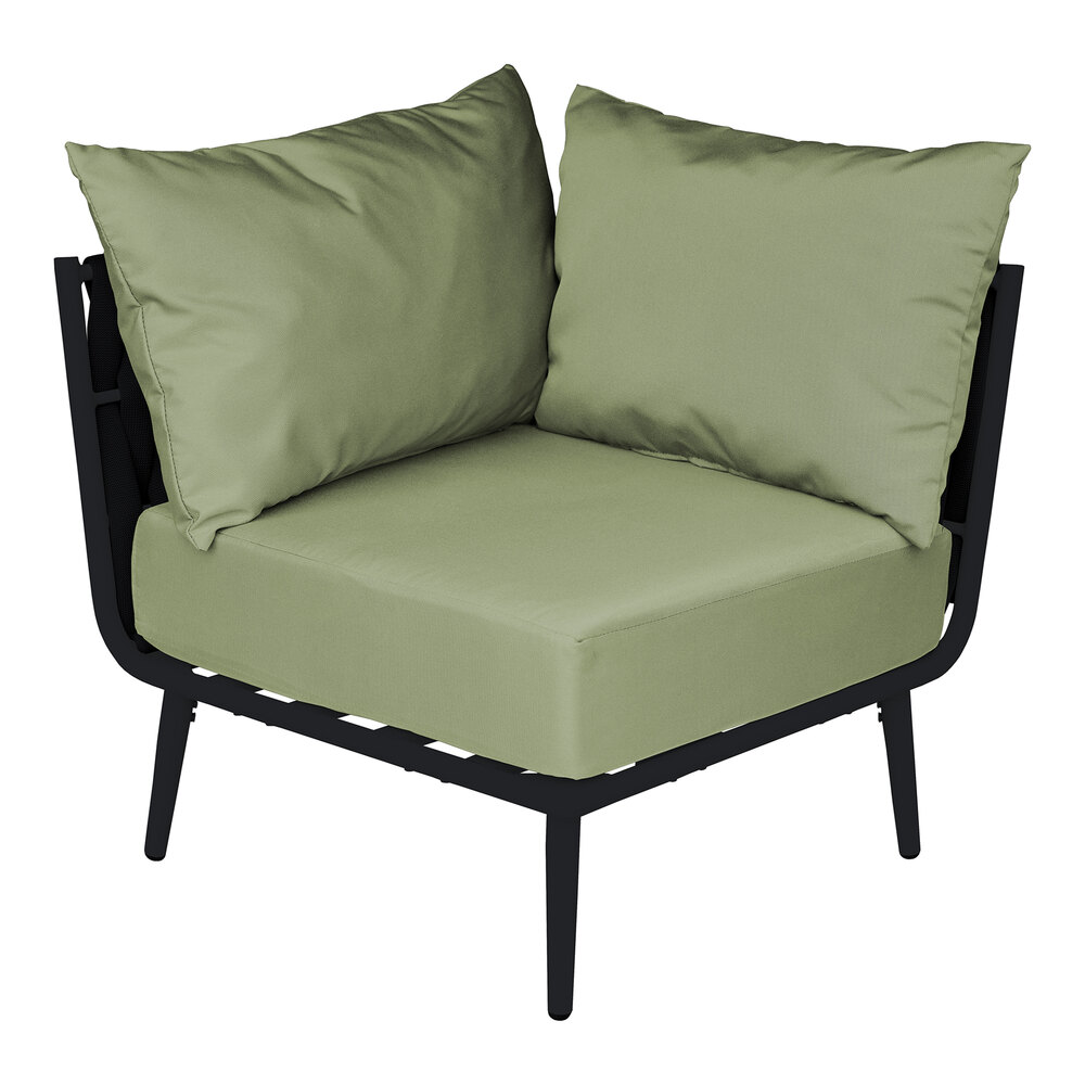 BFM Seating Cayman Black Outdoor Couch Corner Section with Black Rope and Sunbrella Fern Cushion