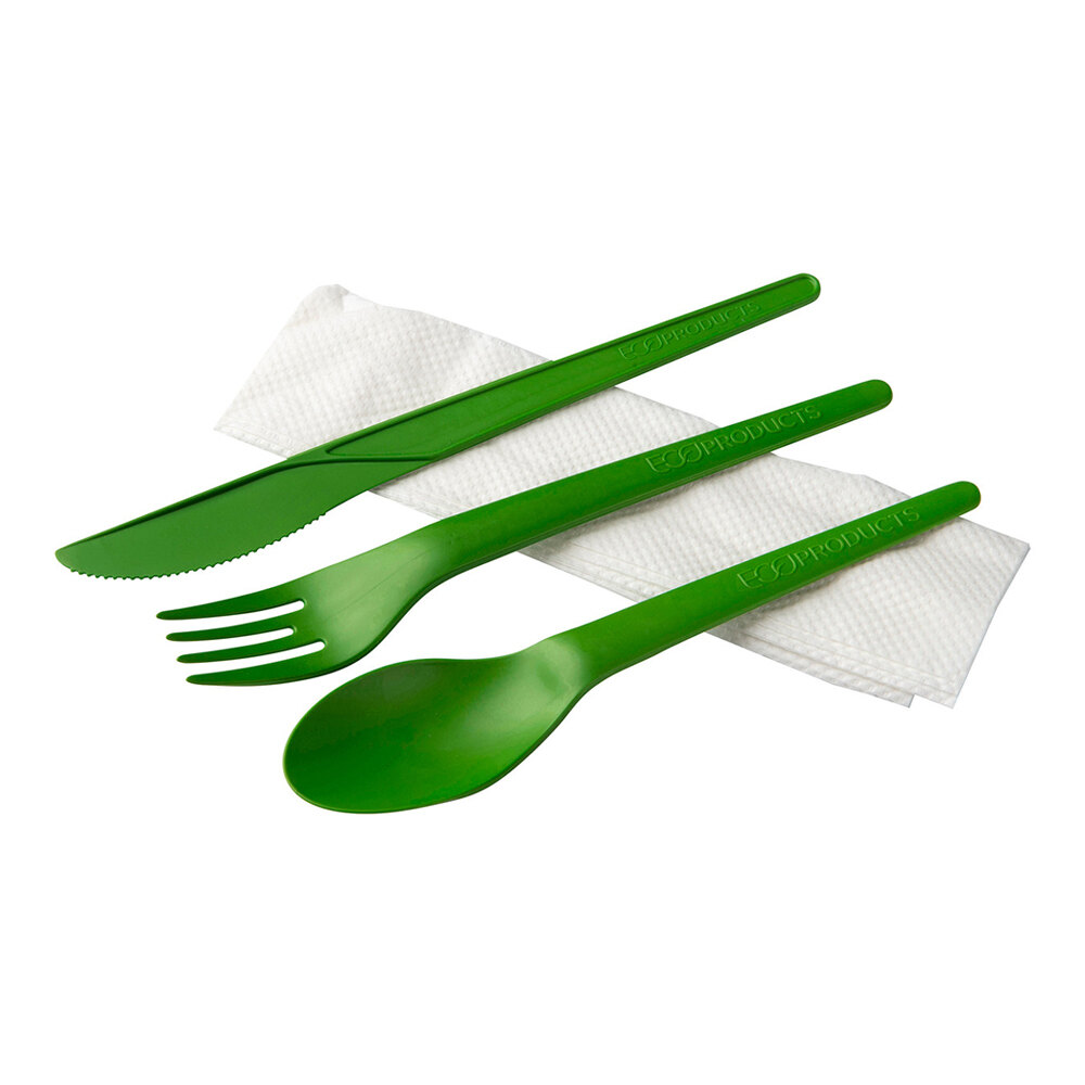 Eco-Products Veridian Plantware 6" Wrapped Compostable Green CPLA Plastic Assorted Cutlery Pack ...