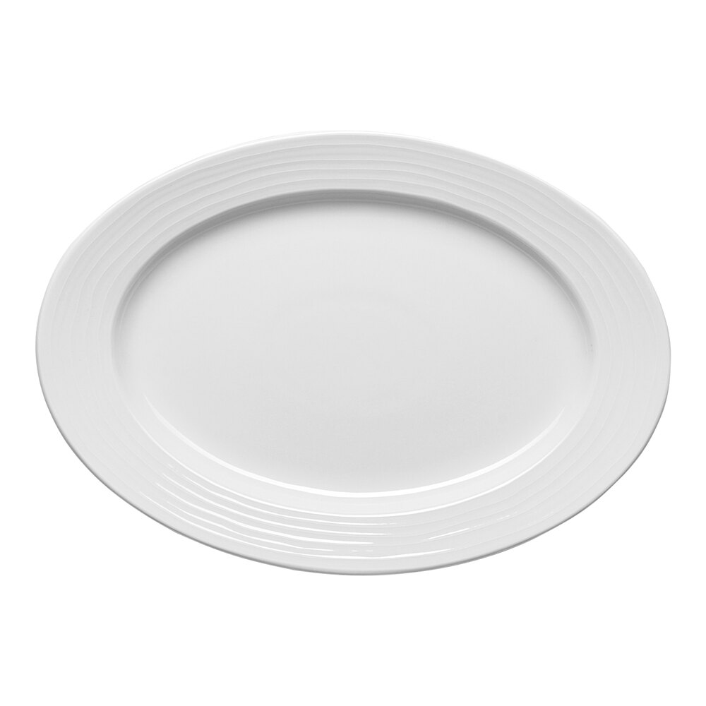 Ariane Eclipse 10 1/4" x 7" White Oval Embossed Wide Rim Platter - 12/Case
