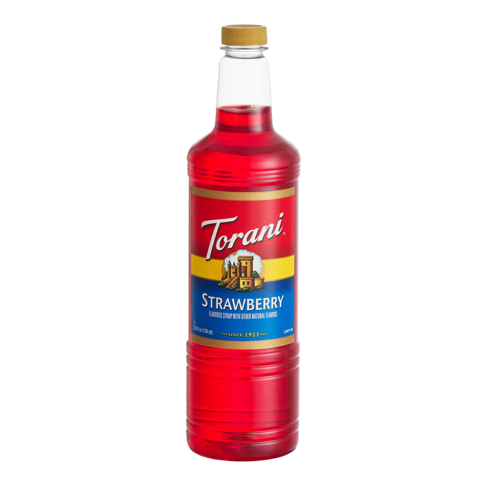 Torani Strawberry Flavoring / Fruit Syrup Plastic Bottle 1 Liter - 6/Case
