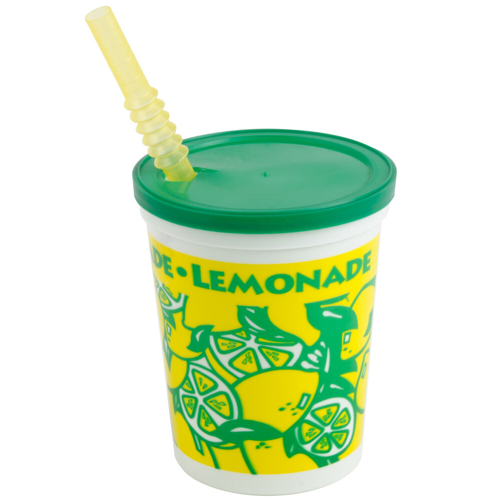 16 oz. Squat Plastic Lemonade Cold Cup with Straw and Lid - 500/Case