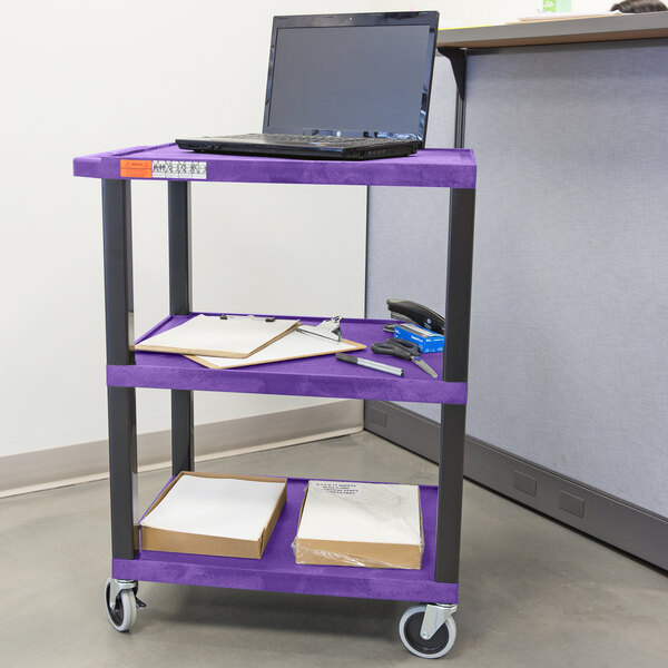 Luxor WT34PS Tuffy Purple Three Shelf Utility Cart - 24" x 18" x 34"