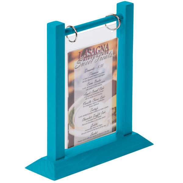 Menu Solutions WFT4S-A 4" x 6" Sky Blue Wood Flip Top Table Tent - 2/Pack