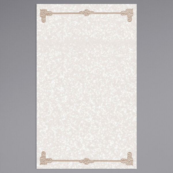 Choice 8 1/2" x 14" Tan Menu Paper - Scroll Border - 100/Pack