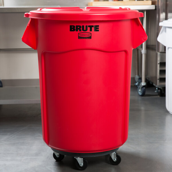 Rubbermaid BRUTE 55 Gallon Red Round Trash Can with Lid and Dolly