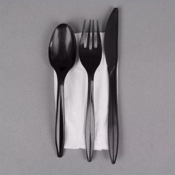 Choice Medium Weight Black Wrapped Plastic Cutlery Set with Napkin ...