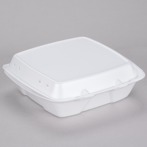 Dart 90HTPF1VR 9" x 9" x 3" White Foam Square Vented Take Out Container with Perforated Hinged ...