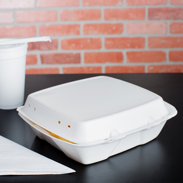 Dart 90HTPF1VR 9" x 9" x 3" White Foam Square Vented Take Out Container with Perforated Hinged ...