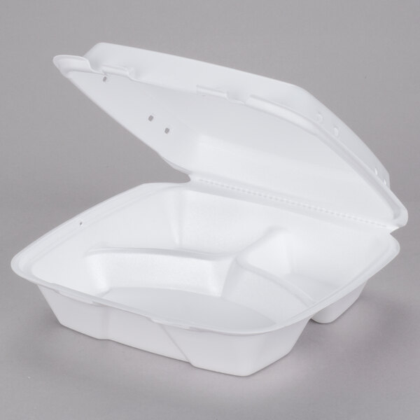 Dart 90HTPF3VR 9" x 9" x 3" White Foam Square Vented 3 Compartment Take Out Container with ...