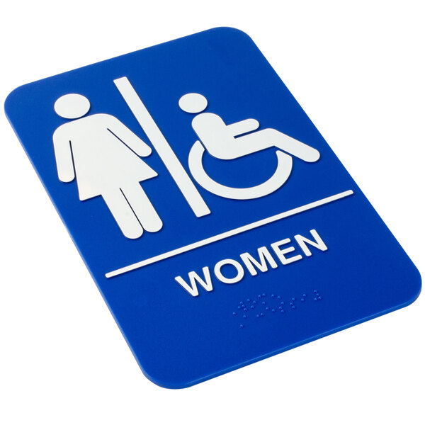 ADA Women's Restroom Sign with Braille - Blue and White, 9" x 6"