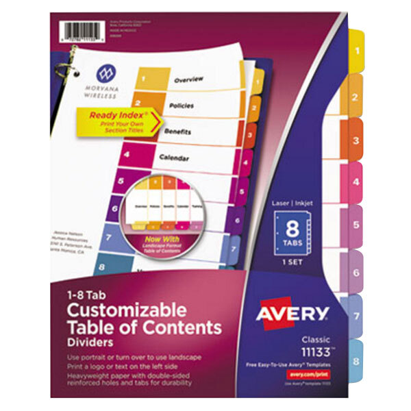 Avery AVE11133 Ready Index 8 Tab Multi Color Table Of Contents Dividers