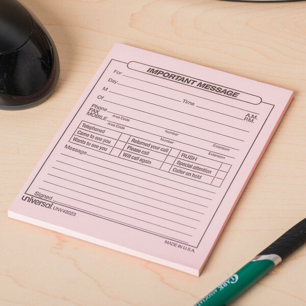 Universal UNV48023 4 1/2" x 5 1/2" Pink "Important Message" Pad 50 ...