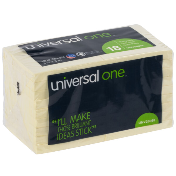 Universal UNV28068 3" x 3" Yellow Recycled Sticky Note - 18/Pack