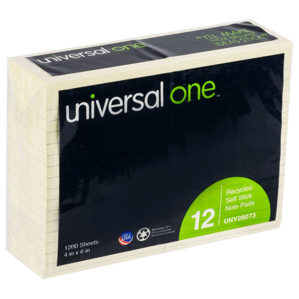 Universal UNV28073 4" x 6" Yellow Ruled Recycled Sticky Note - 12/Pack