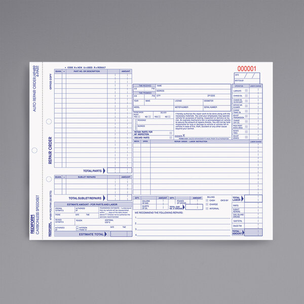 Rediform Office 4P489 8 1/2" x 11" 4-Part Carbonless Auto Repair Form ...