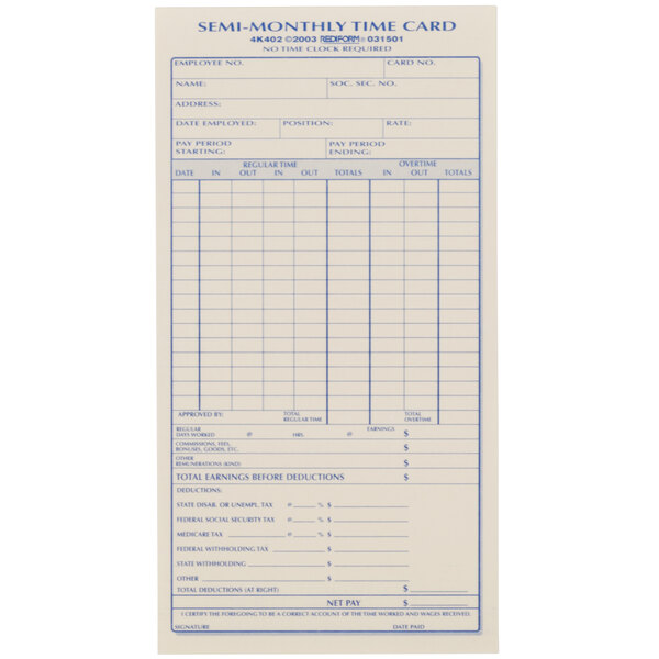 Rediform Office 4K402 Semi-Monthly Employee Time Card Book - 100 Sheets ...