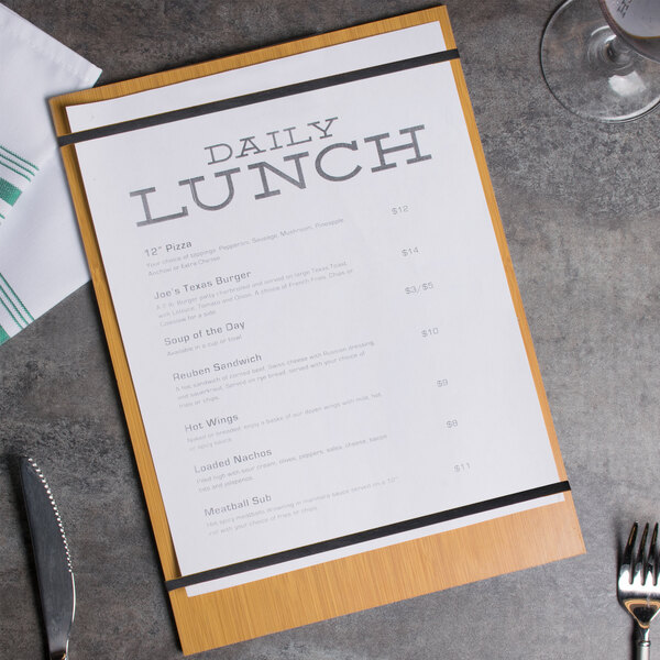 Choice 9" x 12 1/2" Natural Wood Color Menu Holder / Presenter with Straps