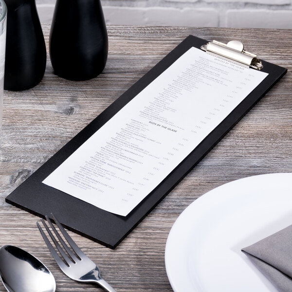 Choice 4 1/2" x 12 1/2" Black Wood Color Menu Holder / Presenter with Clip