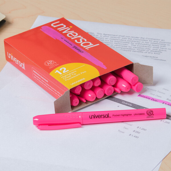 Universal UNV08855 Fluorescent Pink Chisel Tip Pen Style Highlighter ...