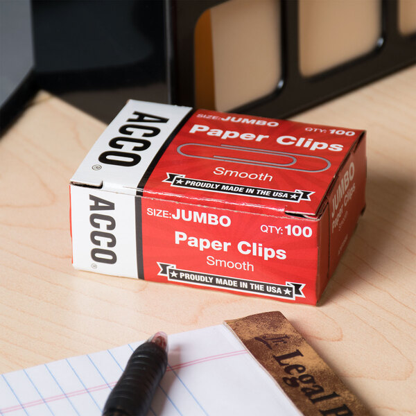Acco 72580 Silver Smooth Finish 100 Count Jumbo Paper Clips - 10/Box