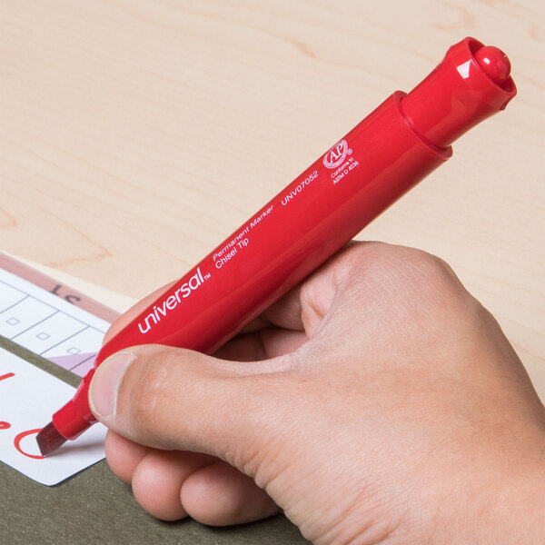 Universal UNV07052 Red Chisel Tip Desk Style Permanent Marker - 12/Pack