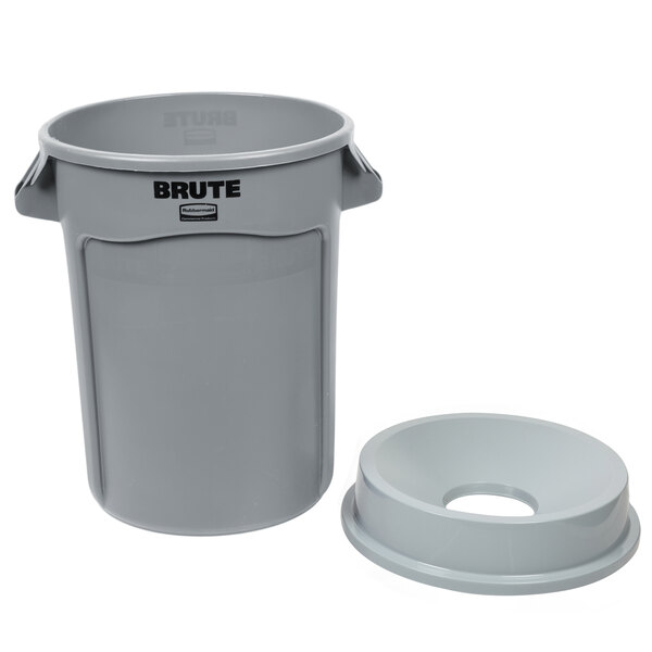 Rubbermaid BRUTE 32 Gallon Gray Round Trash Can with Funnel Top Lid