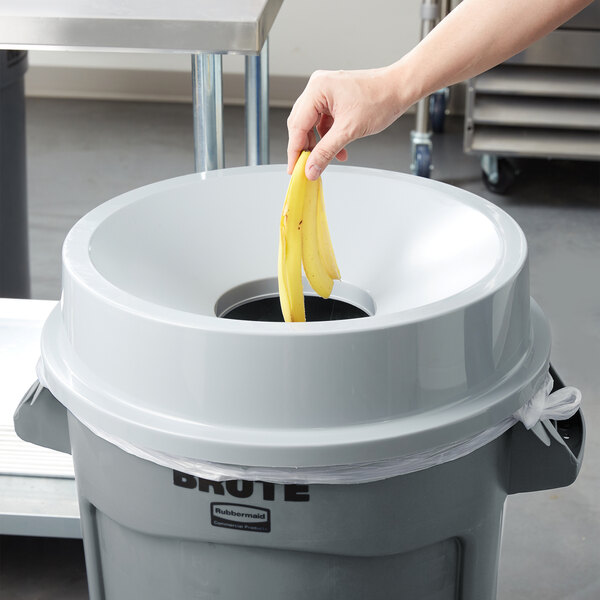 Rubbermaid BRUTE 32 Gallon Gray Round Trash Can with Funnel Top Lid