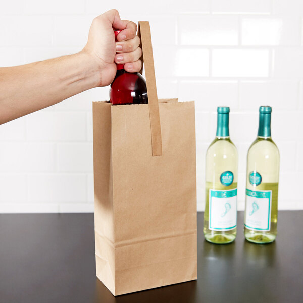 2 Bottle Customizable Kraft Paper Wine Bag with Handle - 25/Pack