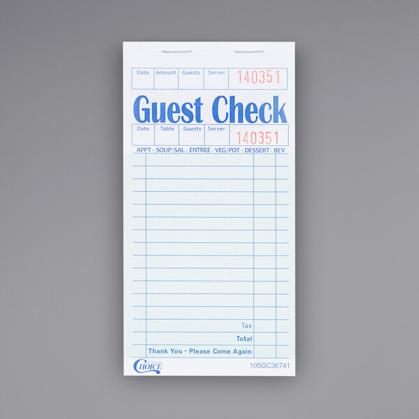 Restaurant Guest Checks, White, 1 Part - 50/Case